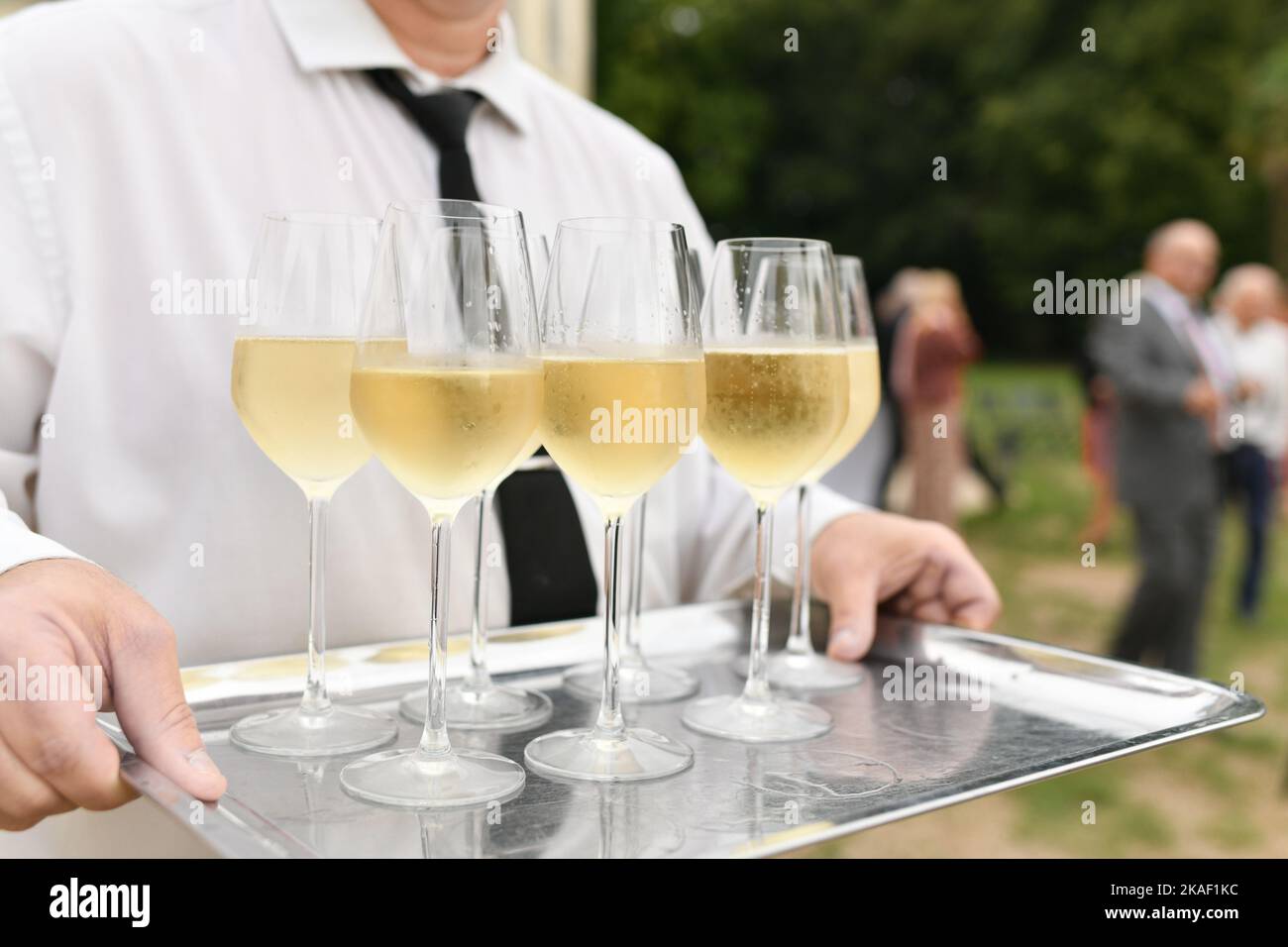 Waiter carrying tray champagne glasses hi-res stock photography and ...