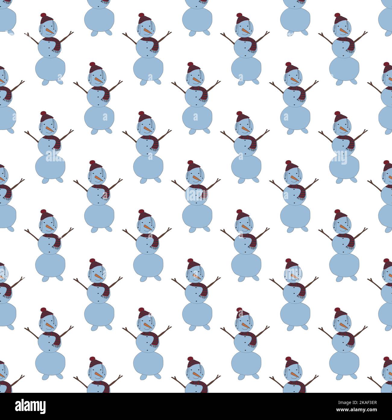 Seamless patter with cute snowmen in striped scarf and cap on white ...