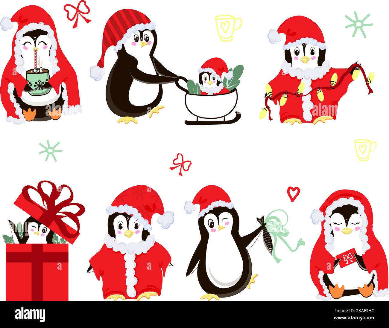 Cute Christmas penguins. Set of animals. Penguins dressed as Santa ...