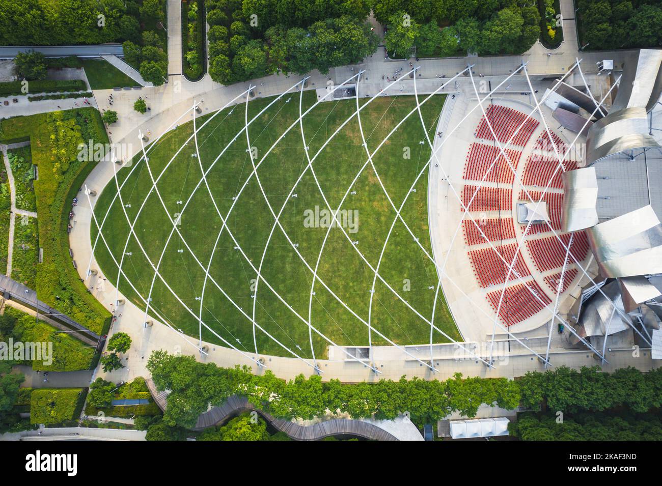 An aerial view of an open-air arena with cloud-shaped gates in Chicago ...