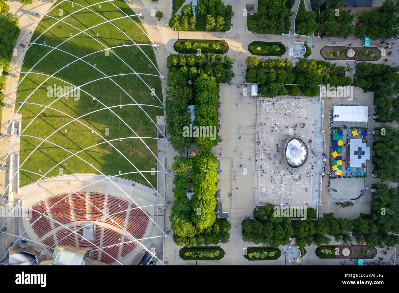 An aerial view of an open-air arena with cloud-shaped gates in Chicago ...