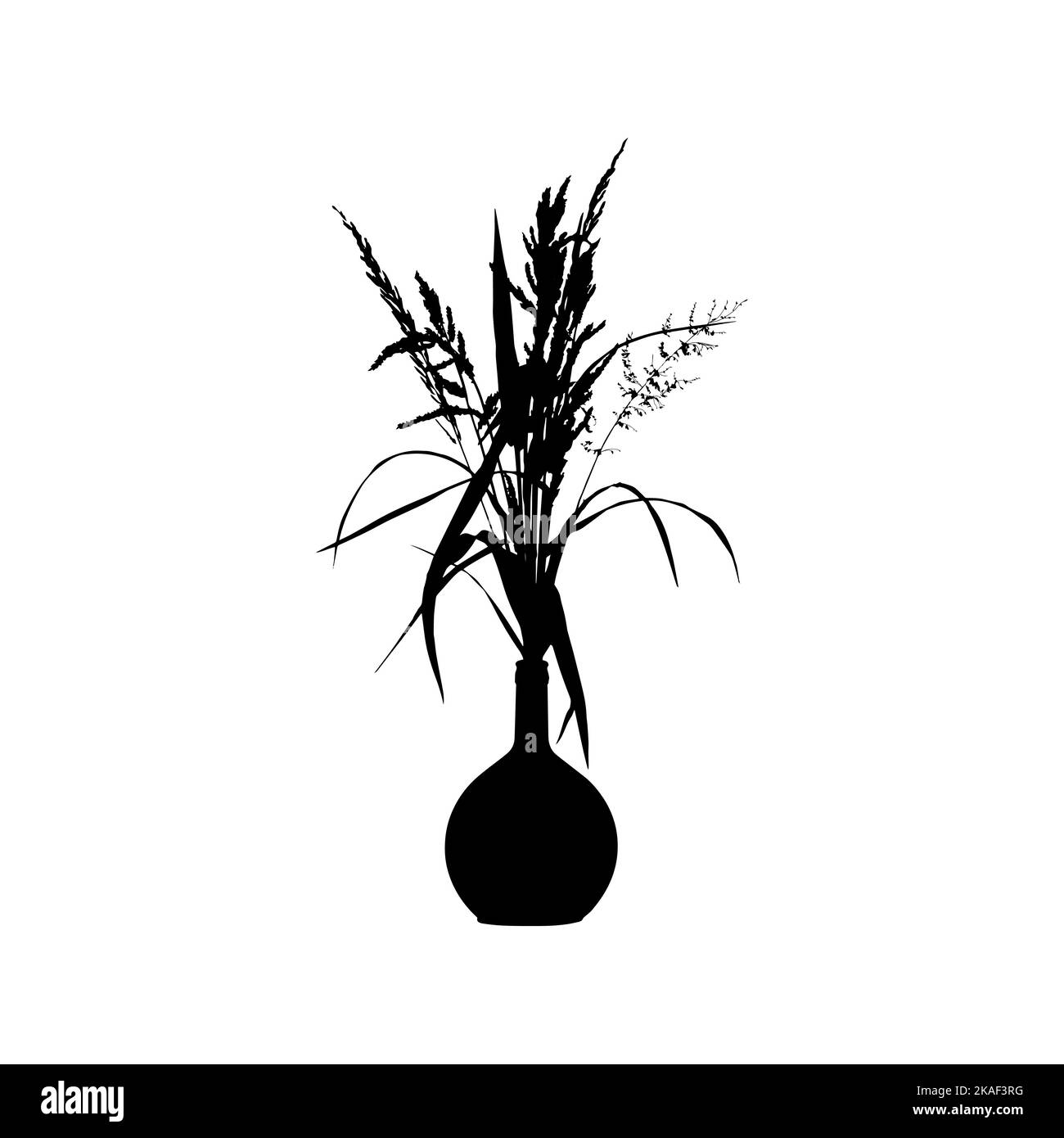 Bouquet of wildflowers in vase. Black silhouette. Floristic composition ...