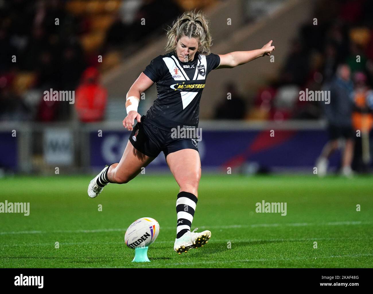 New Zealand's Brianna Clark kicks a conversion during the Women's Rugby ...