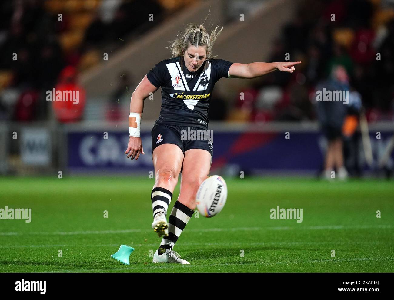 New Zealand's Brianna Clark kicks a conversion during the Women's Rugby ...