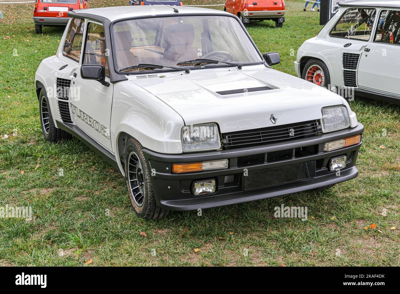 A closeup of details of white vintage historic Renault 5 Turbo 2 car ...
