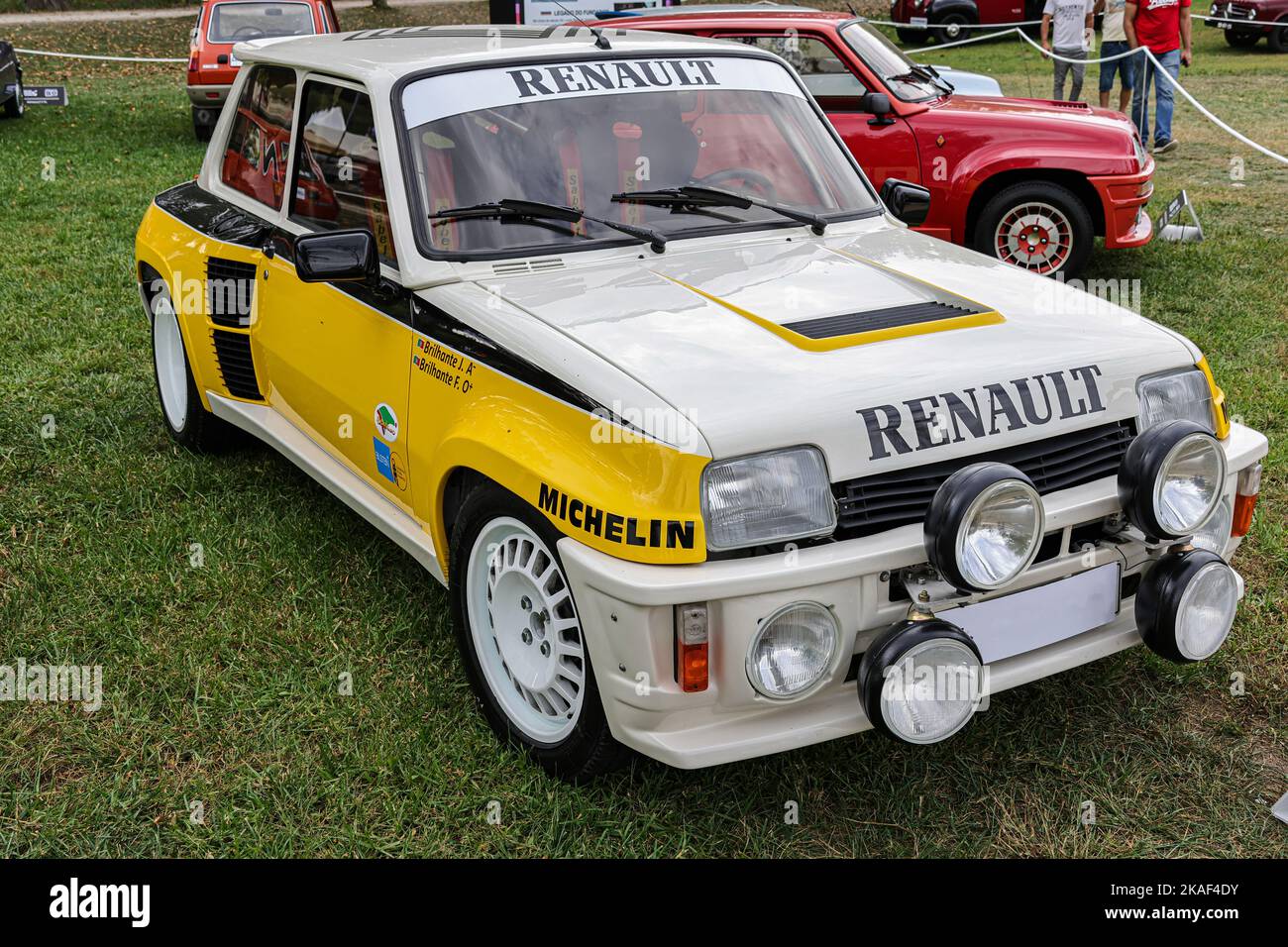 A closeup of details of white vintage historic Renault 5 Turbo Rally ...