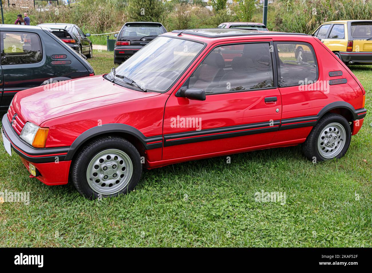 A classic red sports car Peugeot 205 GTi standing on the green grass ...
