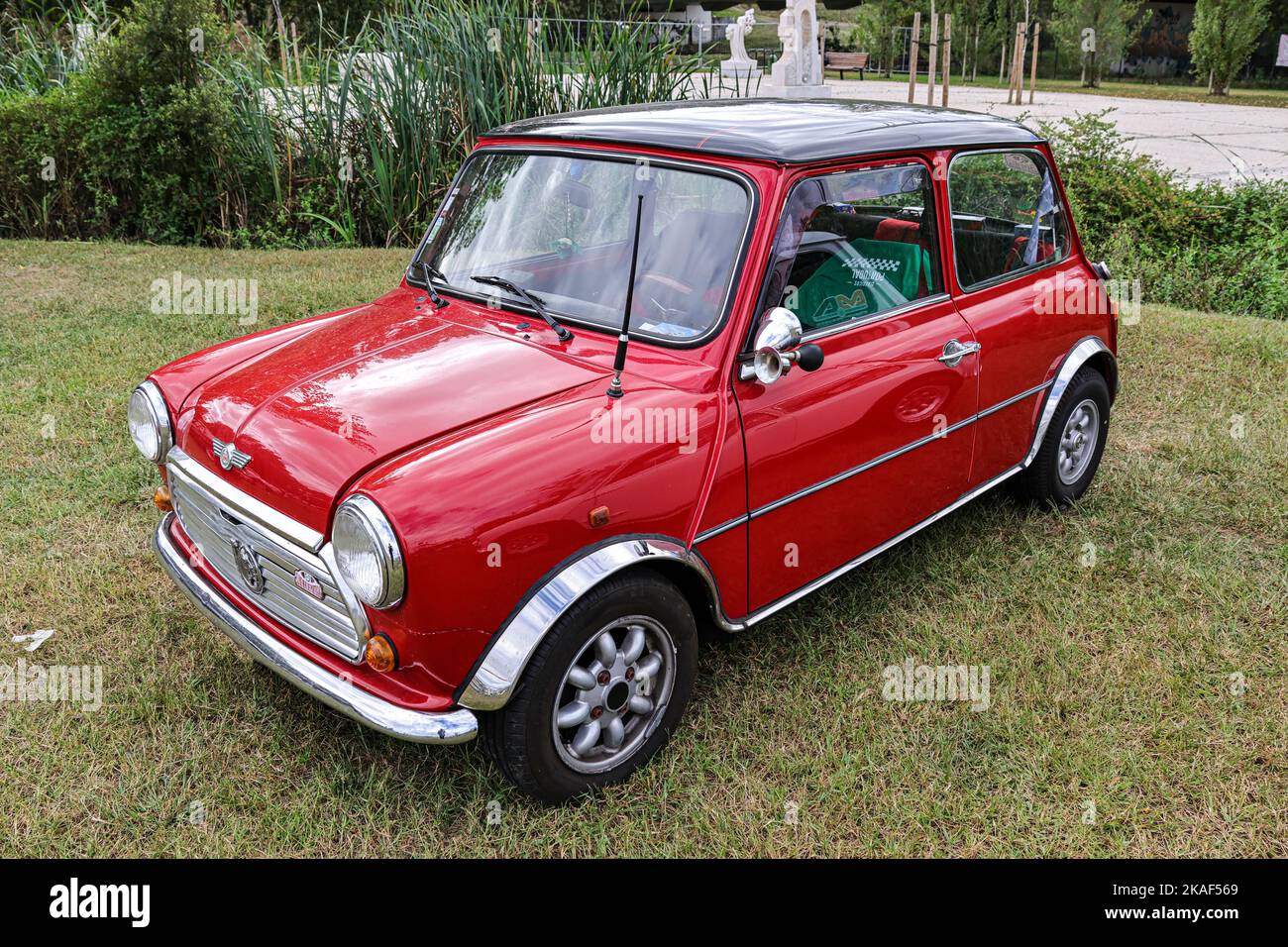 A vintage red Austin Mini classic car parked on a grassy meadow Stock ...