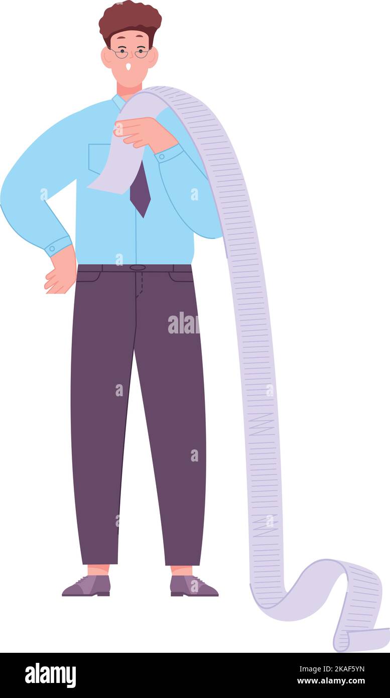 Businessman reading long paper work document scroll isolated on white ...