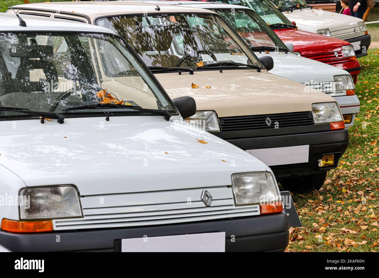 The various historic Renault 5 cars during an exhibition in a park ...