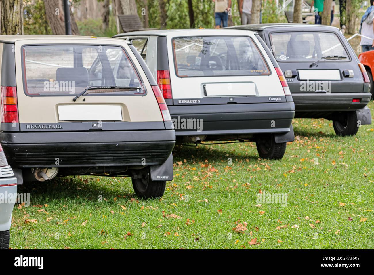 A rear view of various historic Renault 5 cars during an exhibition in ...