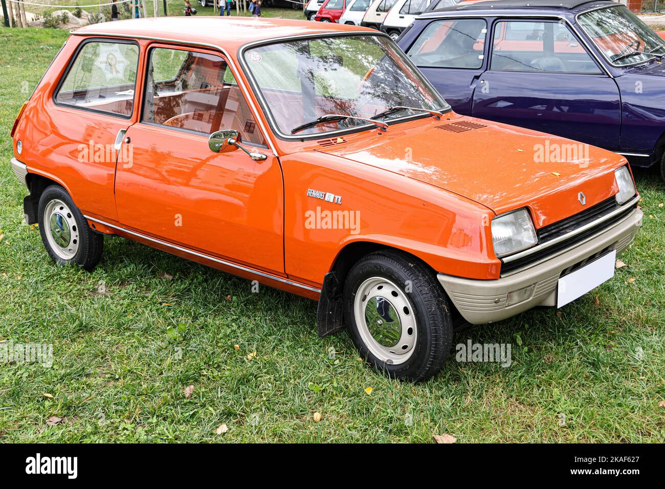 The various historic Renault 5 cars during an exhibition in a park ...