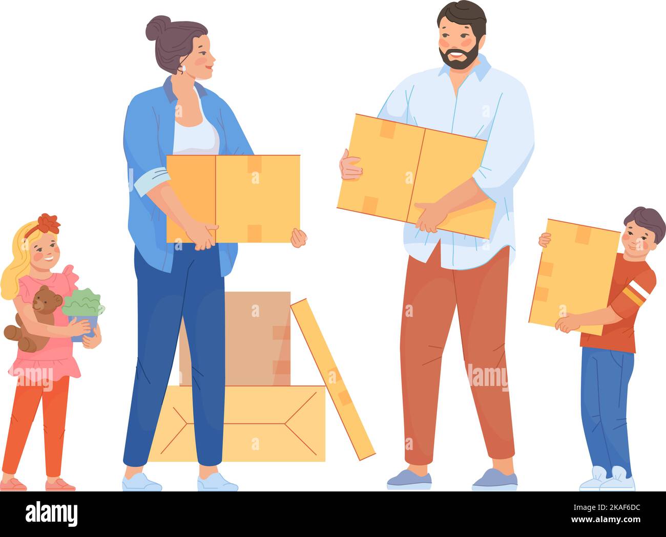 Family moving. Parents holding cardboard boxes. Children helping ...