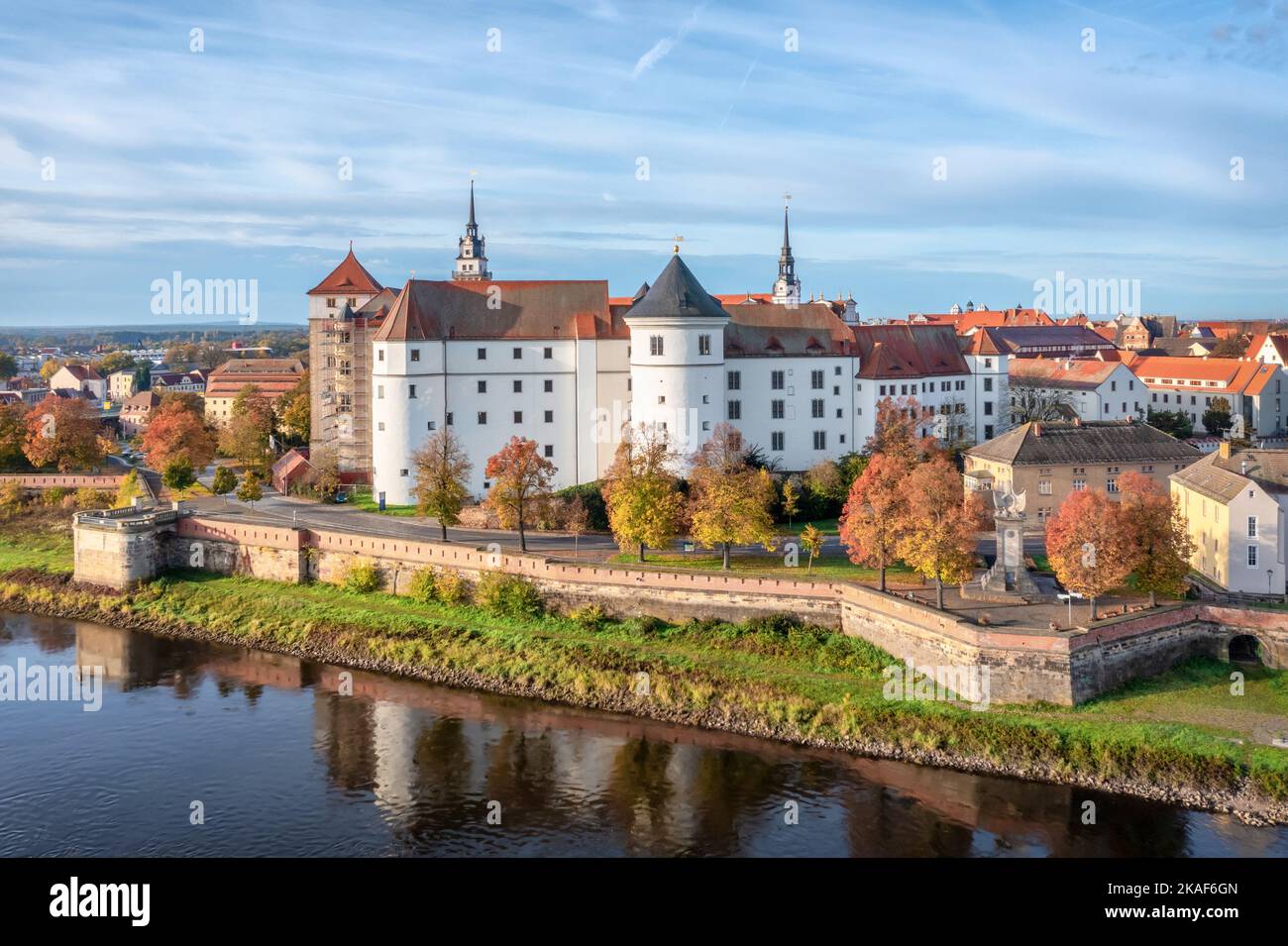 Torgau, Germany. Aerial view of historic castle Schloss Hartenfels in ...