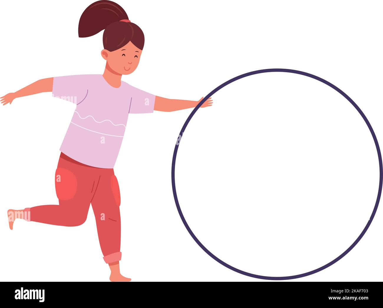 Funny girl running with hoop. Active kid playing isolated on white ...