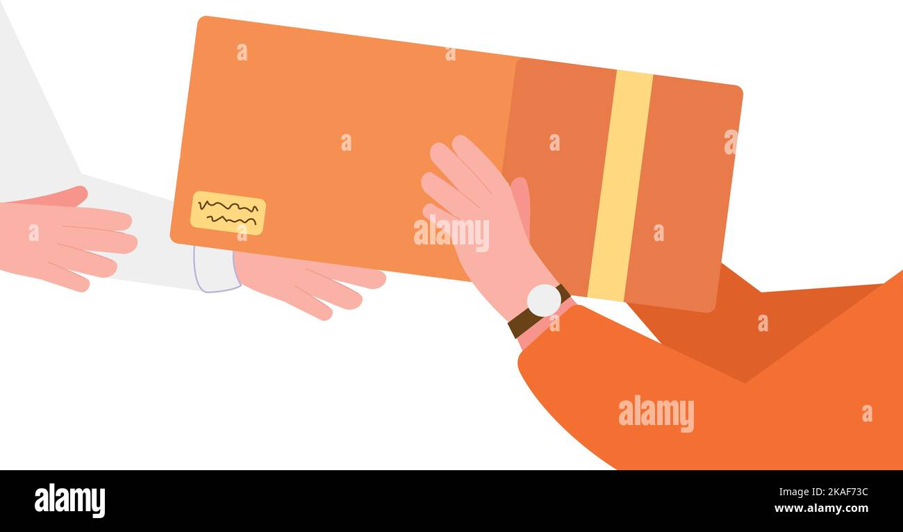 Hands receiving cardboard box. Delivery parcel to customer isolated on ...