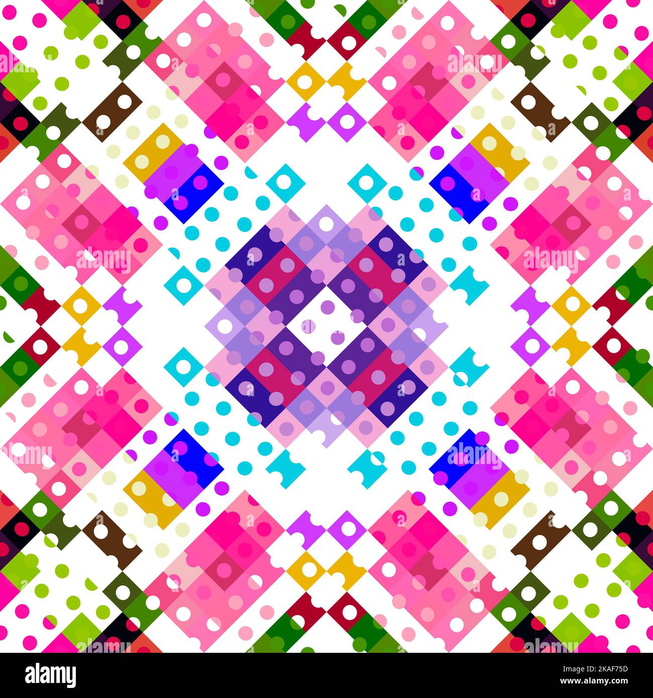 Whimsical geometric pixel pattern. Playful fun kaleidoscopic pink ...
