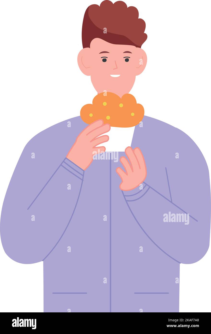 Boy eating muffin. Young man with sweet bakery isolated on white ...