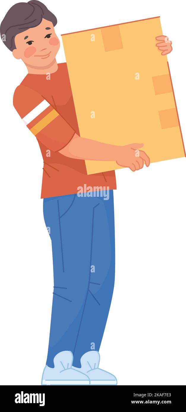Kid holding cardboard box. Boy carrying stuff package isolated on white ...