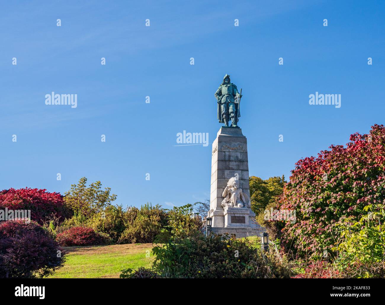 Bronze statue and monument to Samuel de Champlain in Plattsburgh in the ...