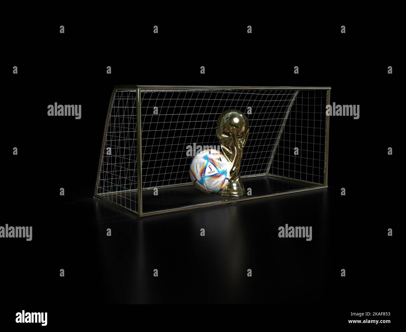 Fifa football. Goal with trophy football black background 3d rendering ...