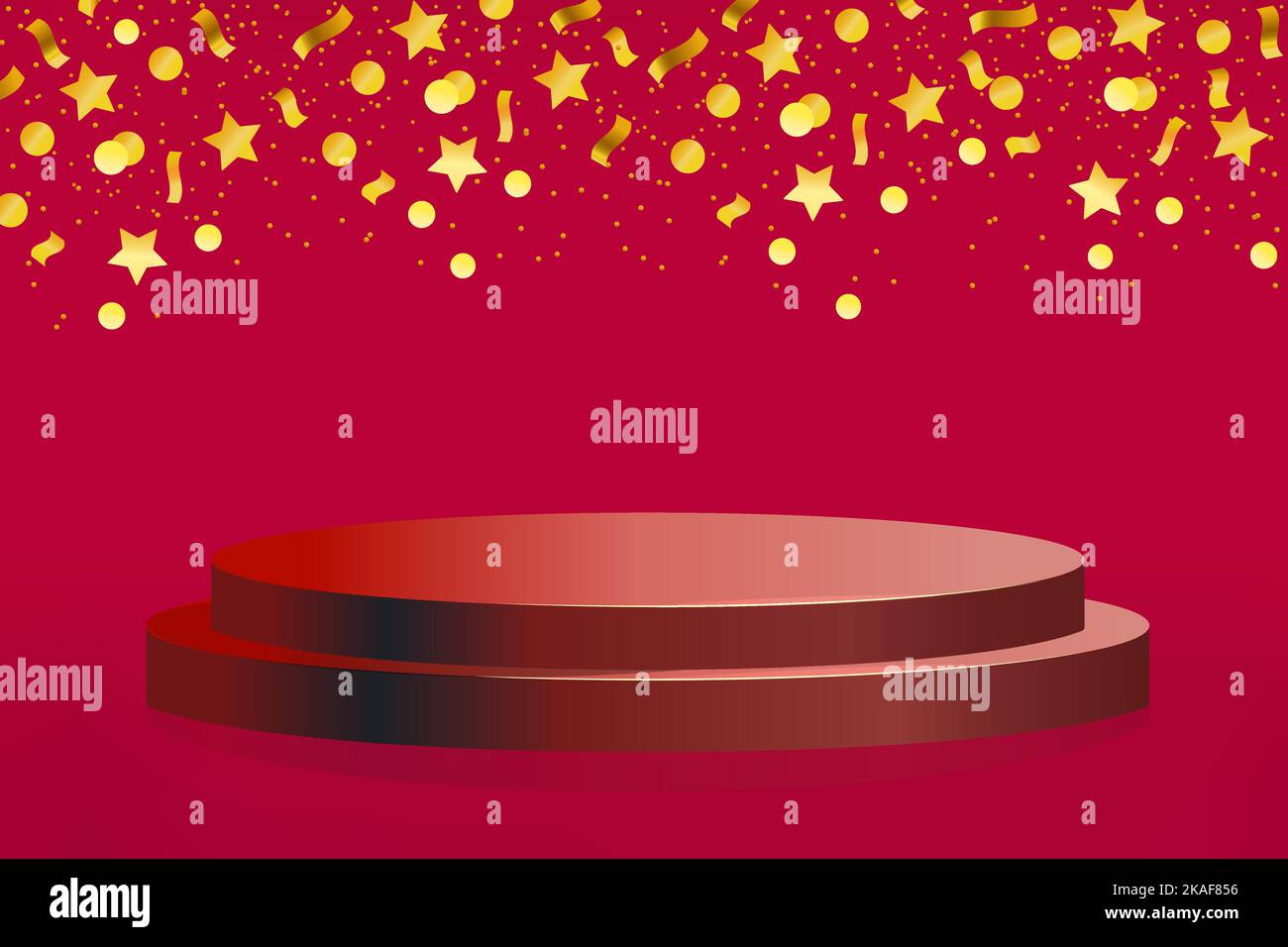 Podium with circles stars ribbons on a red horizontal background. 3d ...