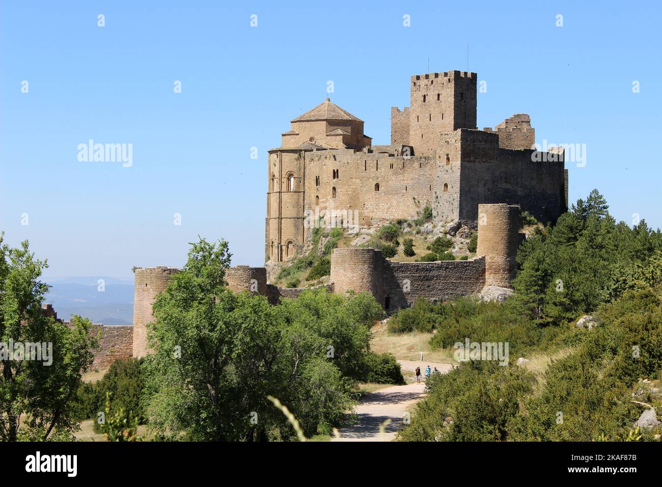 A beautiful view of the Loarre Castle surrounded by green trees under ...
