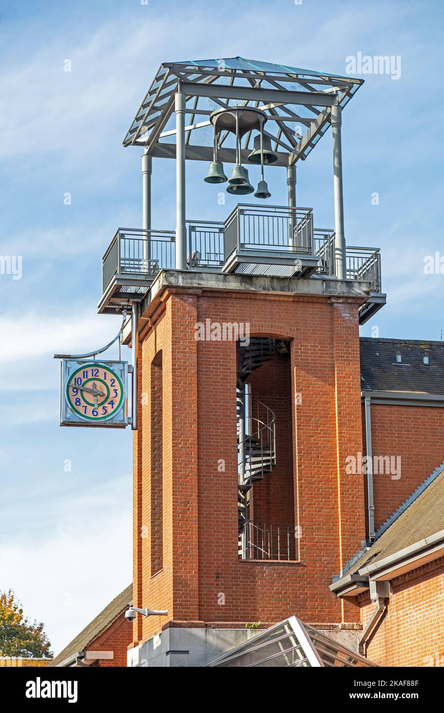Tower, bells, clock, side entrance to Brooks Shopping Centre ...