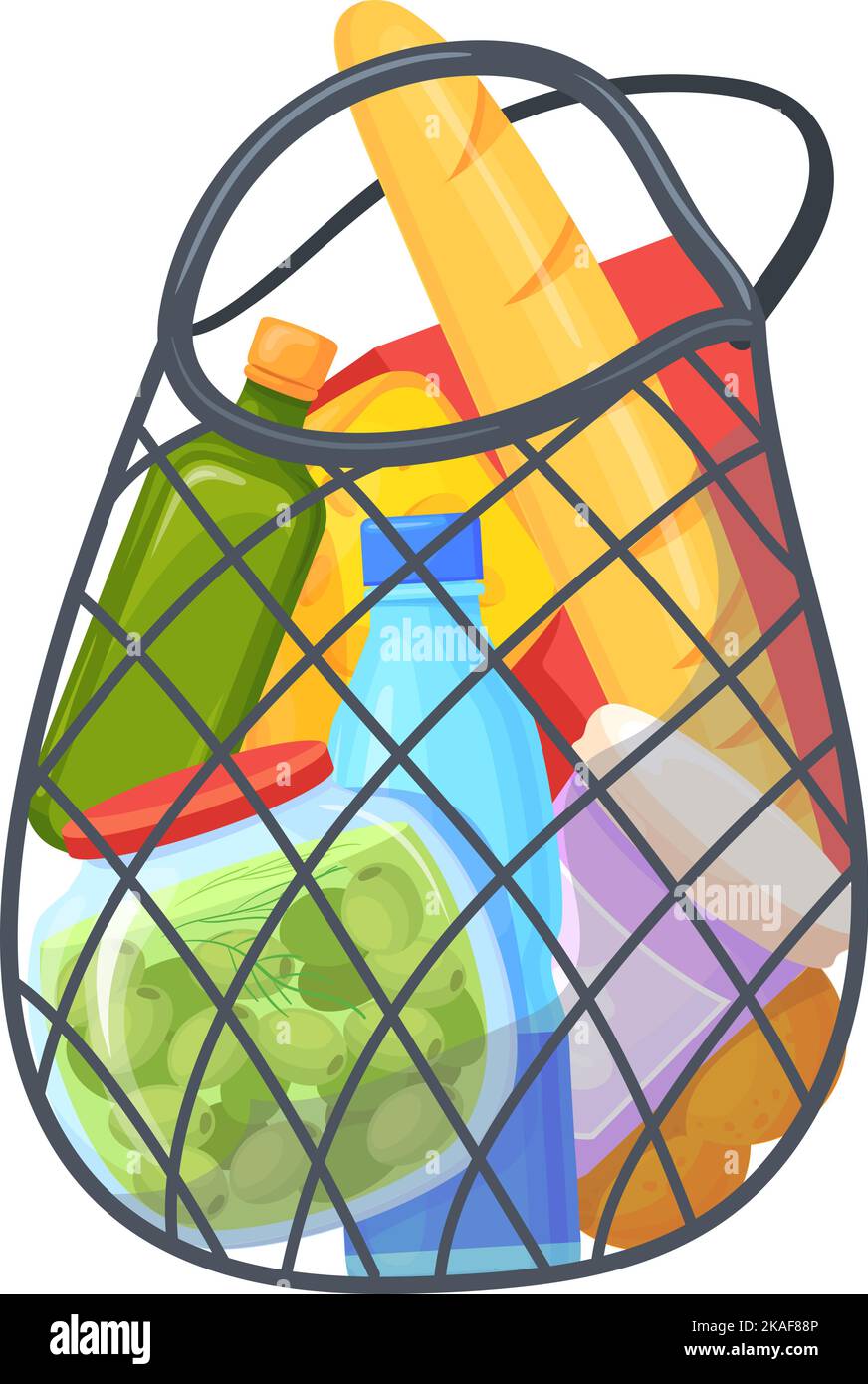Groceries in mesh bag. Cartoon store purchases icon isolated on white ...