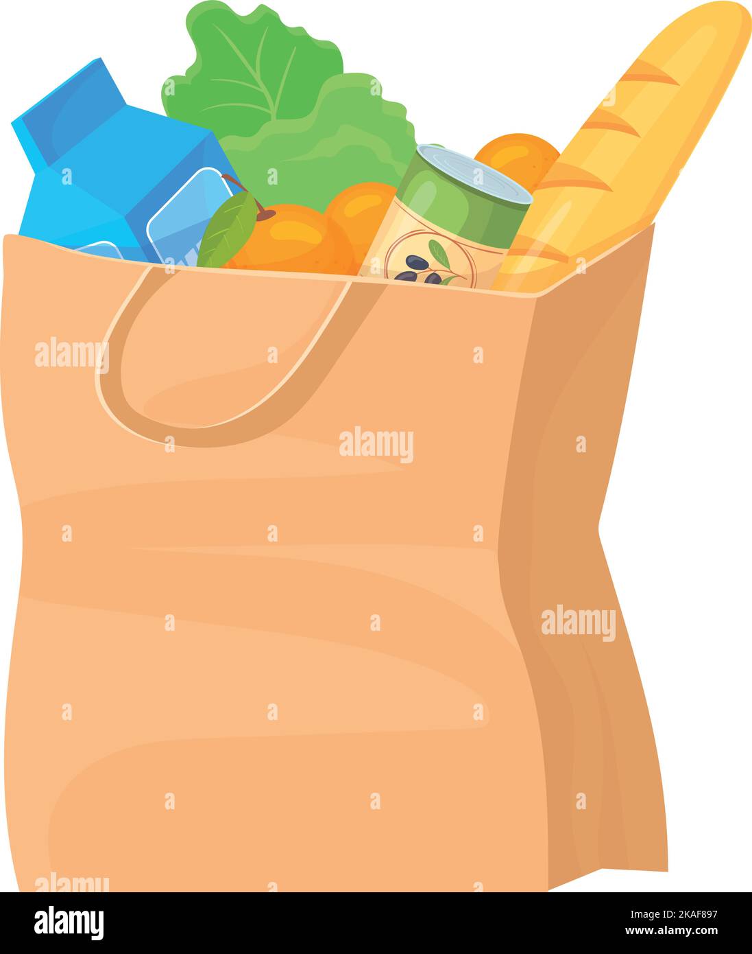 Paper bag with supermarket purchases. Cartoon groceries pack isolated ...