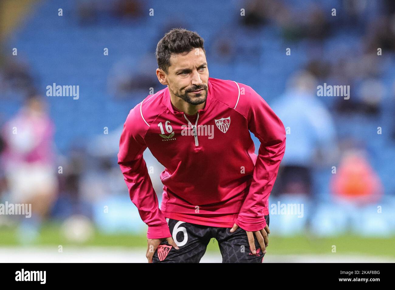 Jesús Navas #16 of Sevilla during the pre-game warm up ahead of the ...