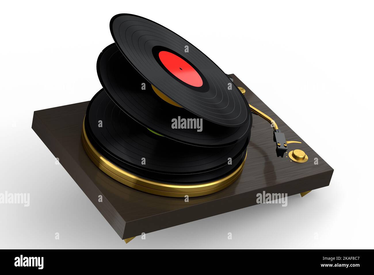 Vinyl record player or DJ turntable with flying vinyl plate on white ...