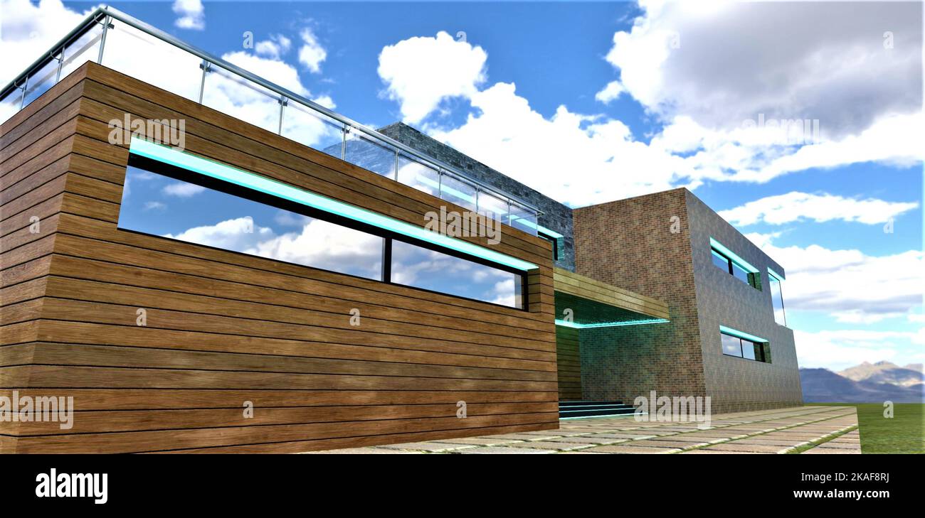 Daytime lighting of the facade of a country house with LED strip. Wall ...