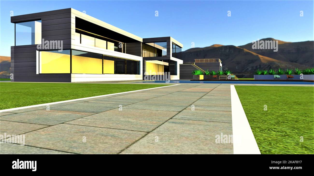 A white curb separates a concrete slab walkway from a green lawn in the ...