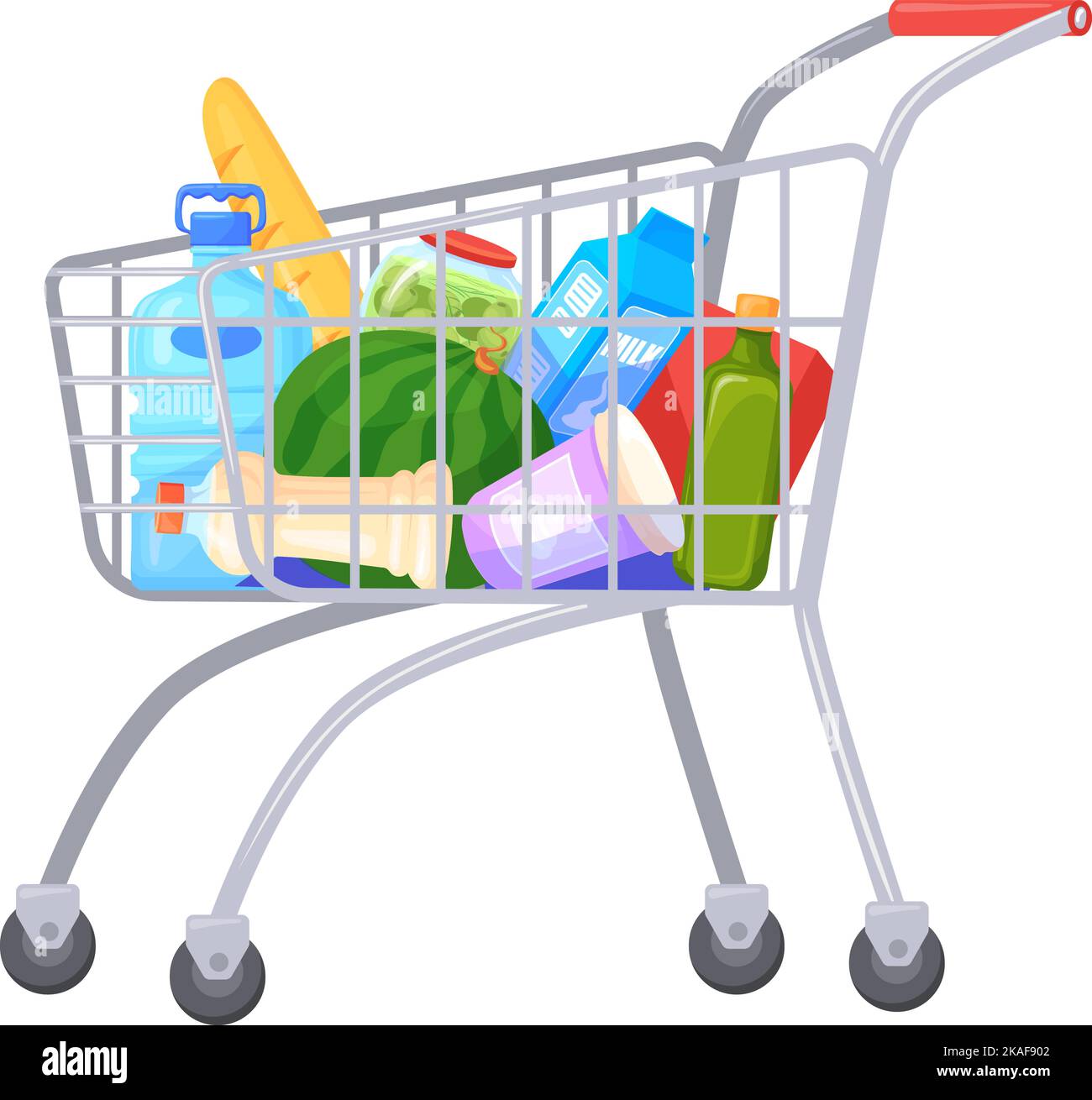 Shopping cart full of groceries. Supermarket purchase cartoon icon ...