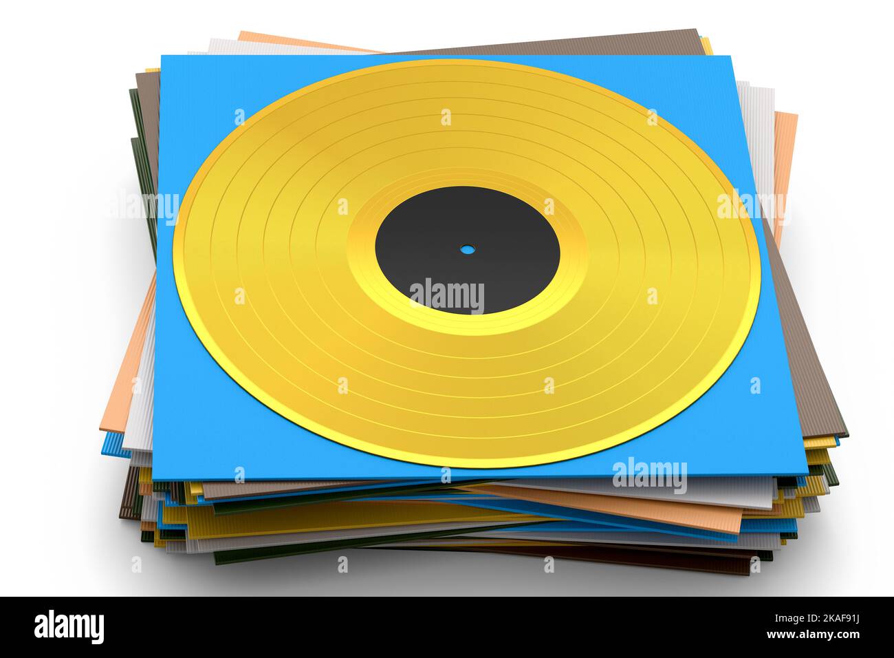 Black vinyl LP record with heap of covers isolated on white background ...