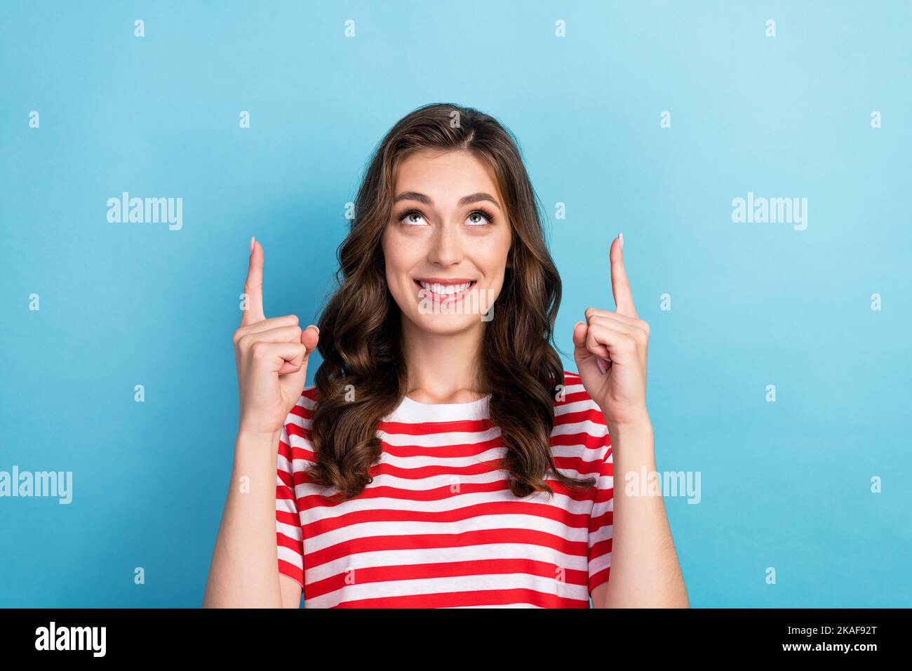 Closeup photo of youngster pretty nice woman wear red striped t-shirt ...