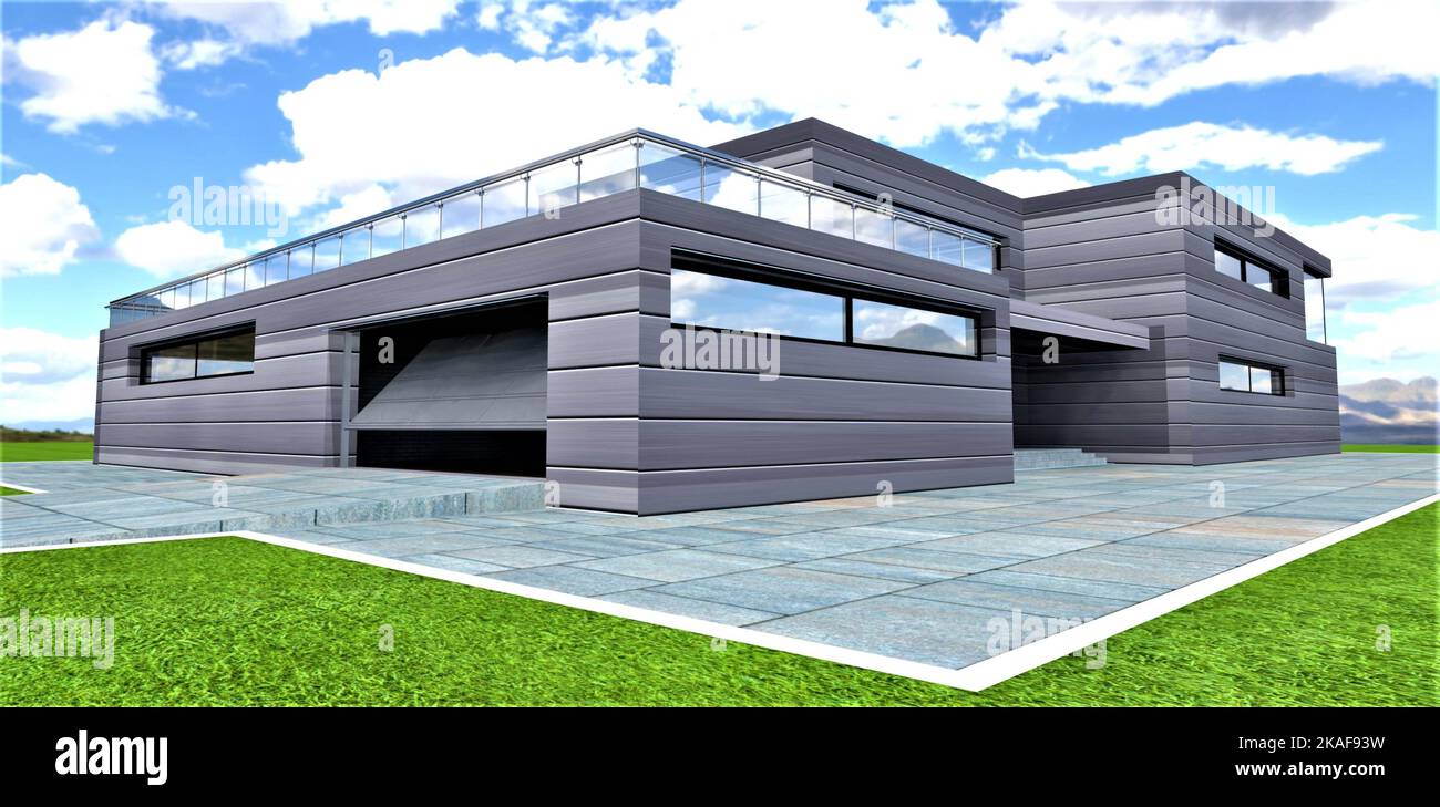 Automatic metal gates rise to allow a car to exit the garage of a ...