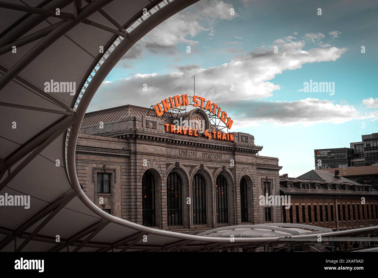The led light sign of the Union station captured against a cloudy sky ...