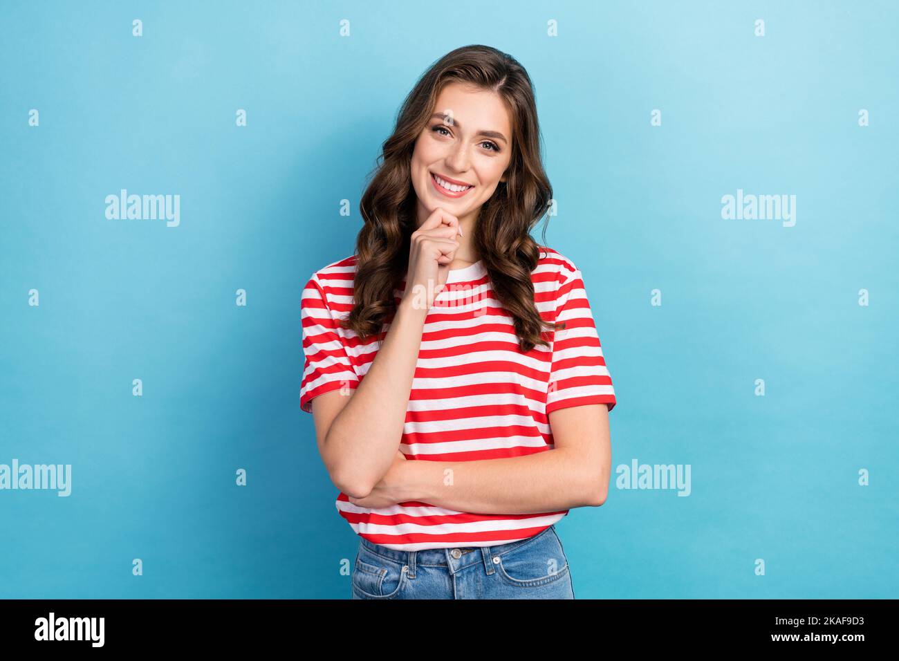 Photo of young attractive pretty gorgeous woman wavy hair touch chest ...