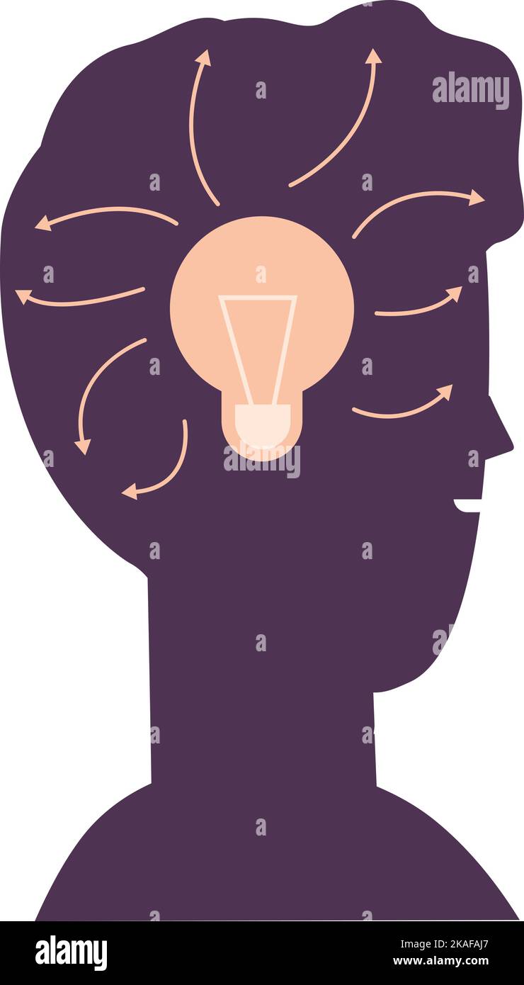 Idea process icon. Lightbulb shining in human head isolated on white ...