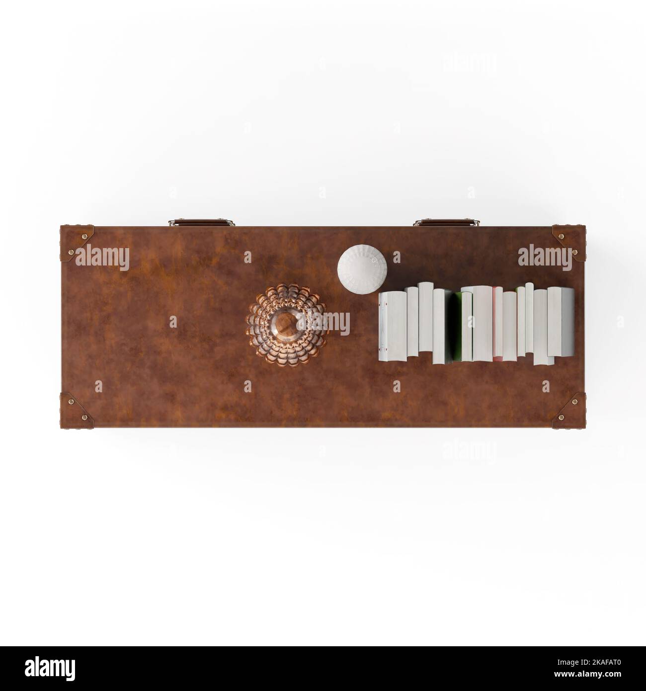 A 3D illustration of vases and books on a stylish drawer chest isolated ...