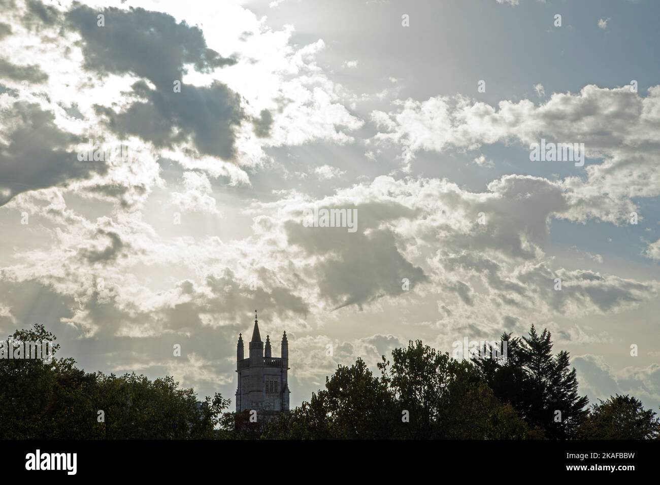 Church tower, back light, clouds, Winchester, Hampshire, England, Great ...