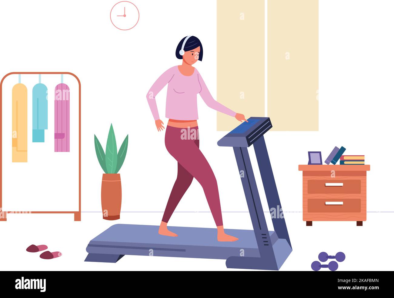 Woman running on treadmill in home interior. Cardio workout. Vector ...