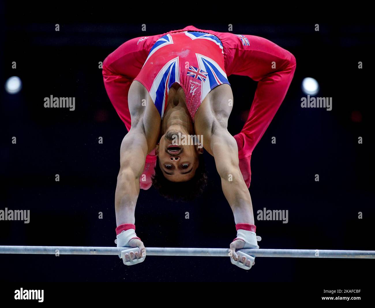 Great Britain's Jake Jarman performing on the horizontal bar during day ...