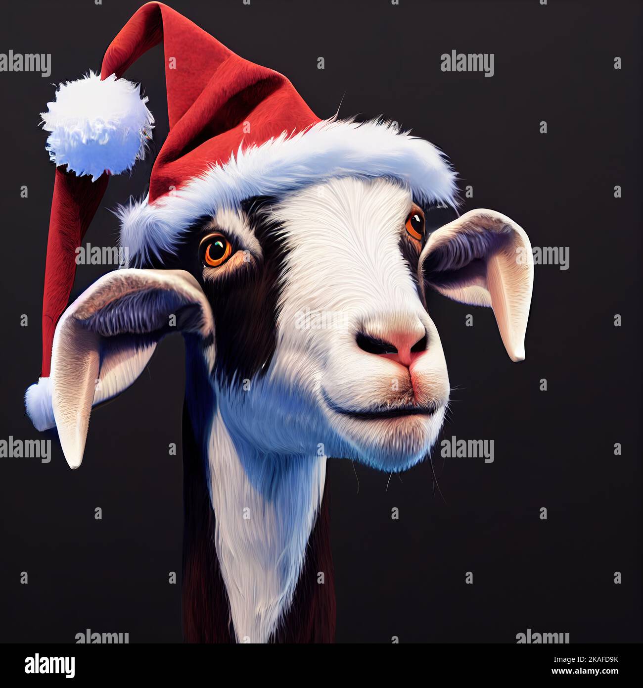 A 3D rendering of a goat wearing a Santa Claus hat isolated on a black ...