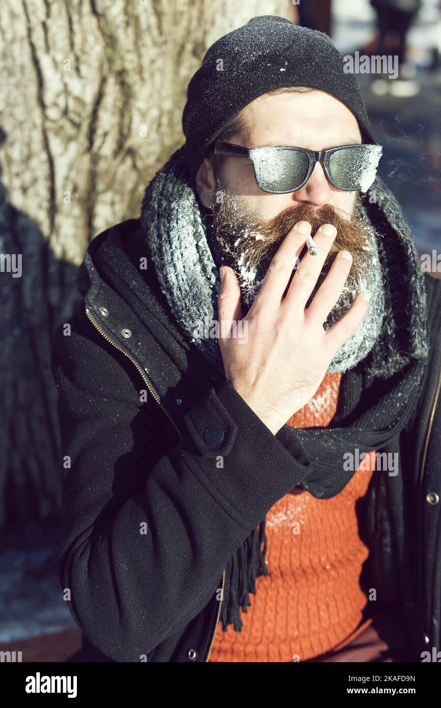 Handsome bearded man, hipster, with beard and moustache in black ...
