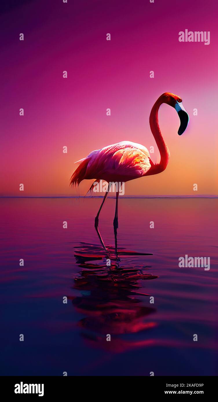 a 3d rendering of a greater flamingo standing on a purple background ...