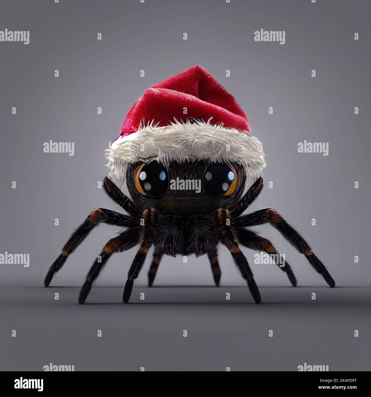 A 3D rendering of a tarantula spider wearing a Santa Claus hat isolated ...