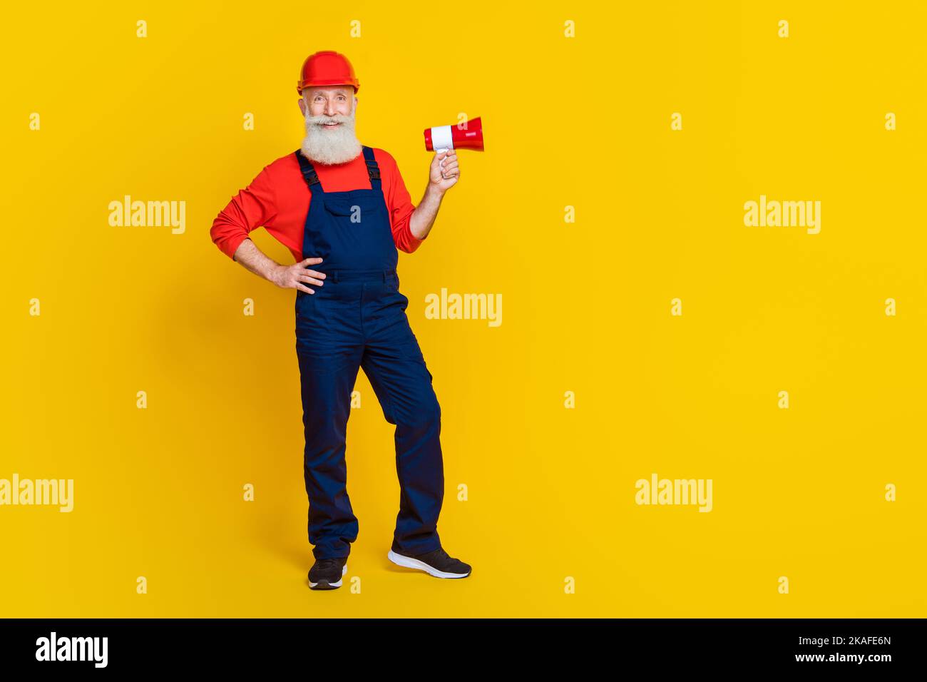 Full size photo of professional workman carpenter use loud speaker ...